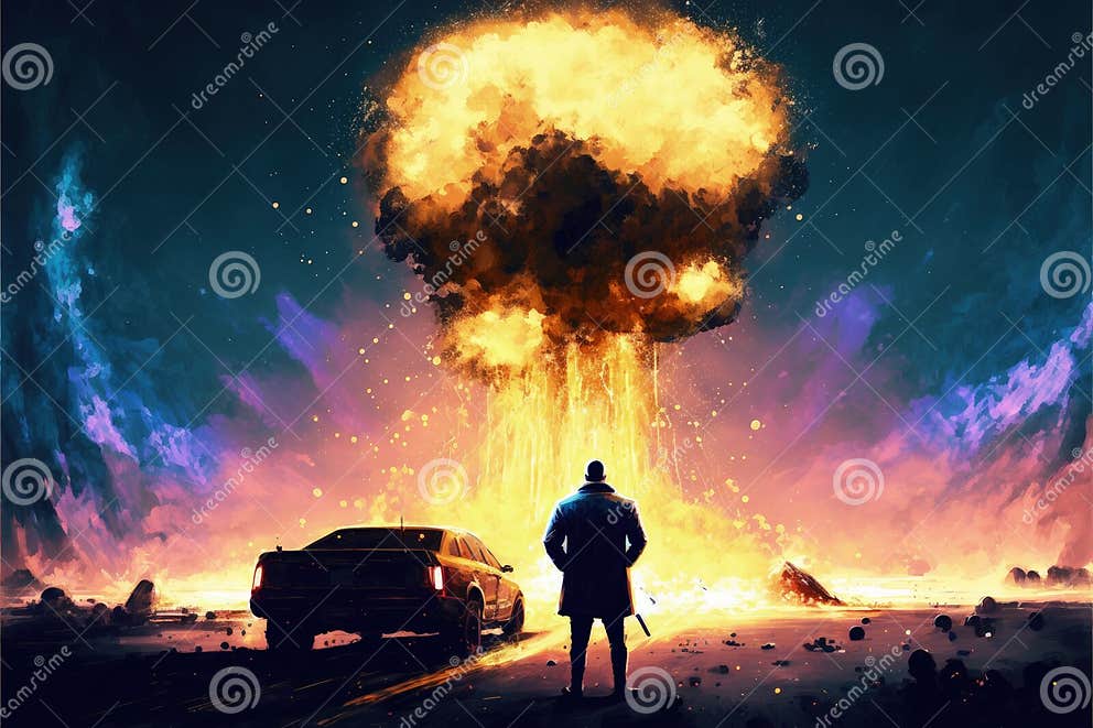 Sci-fi Sequence of Man with His Transportation Observing Bomb Blast on ...