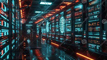 Sci-fi Server Room with Advanced Supercomputers and a Technician in a ...