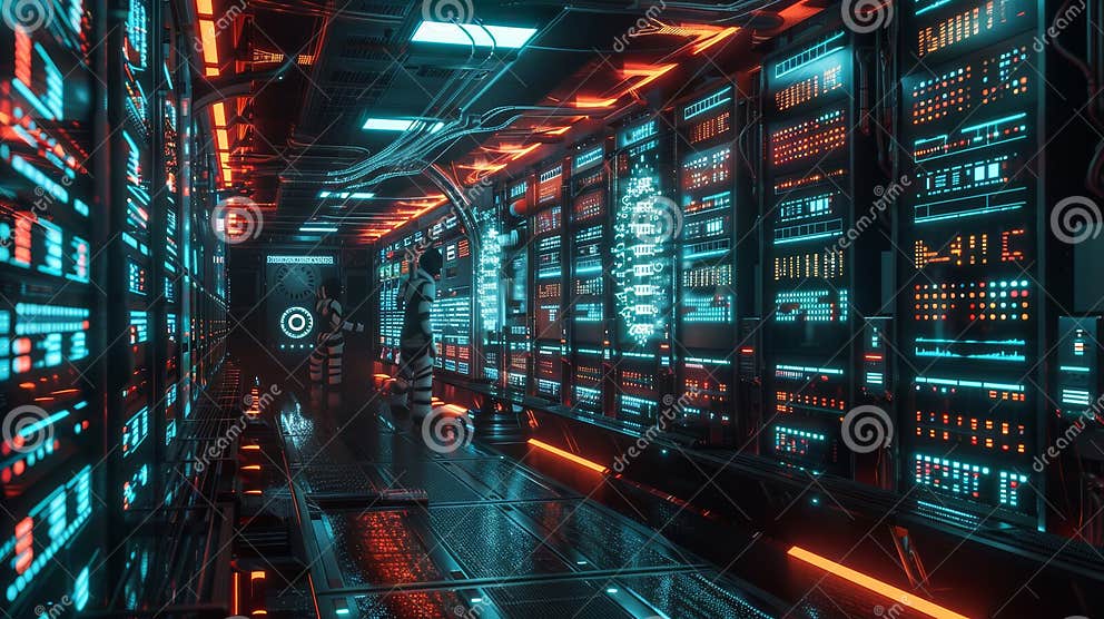 Sci-fi Server Room with Advanced Supercomputers and a Technician in a ...