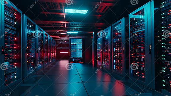 Sci-fi Server Room with Advanced Supercomputers and a Technician in a ...