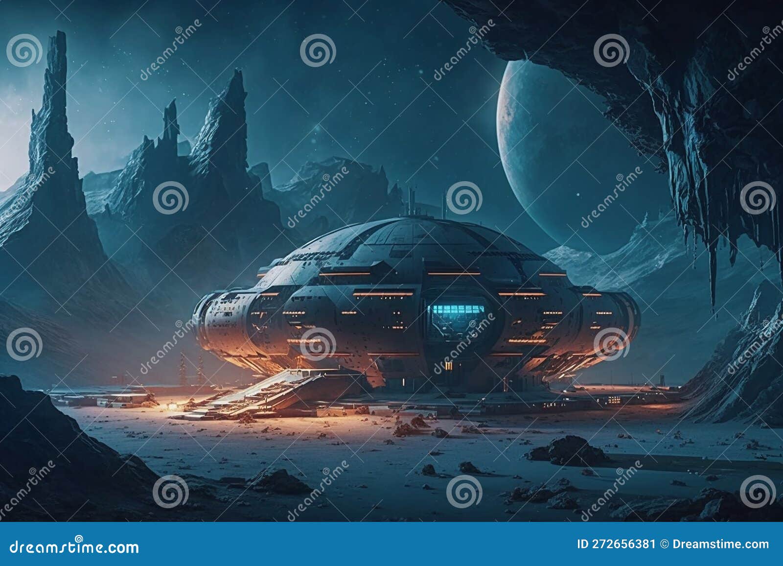 Sci Fi Space Base Overlooking an Alien Planet from Space Below it Stock ...