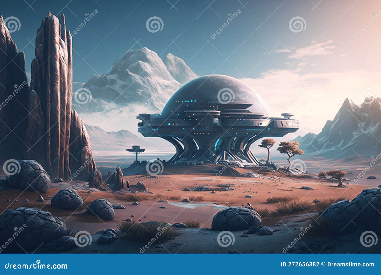 Sci Fi Space Base Overlooking an Alien Planet from Space Below it Stock ...
