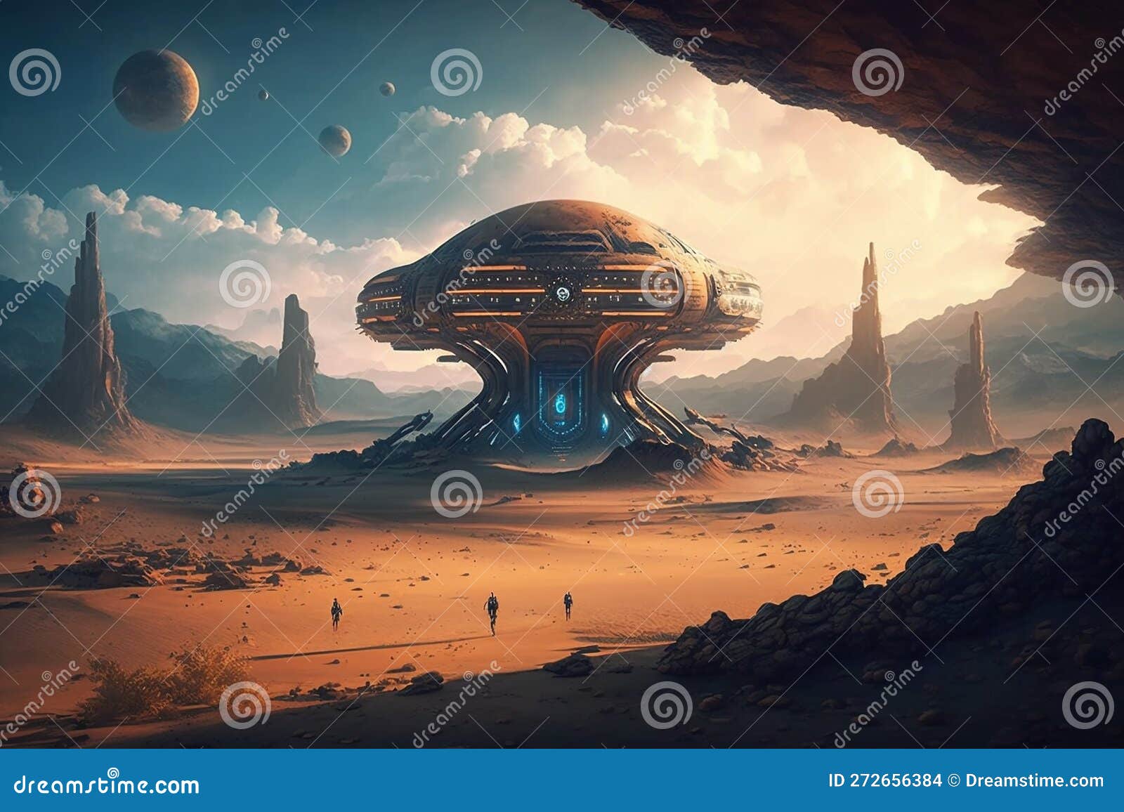Sci Fi Space Base Overlooking an Alien Planet from Space Below it Stock ...