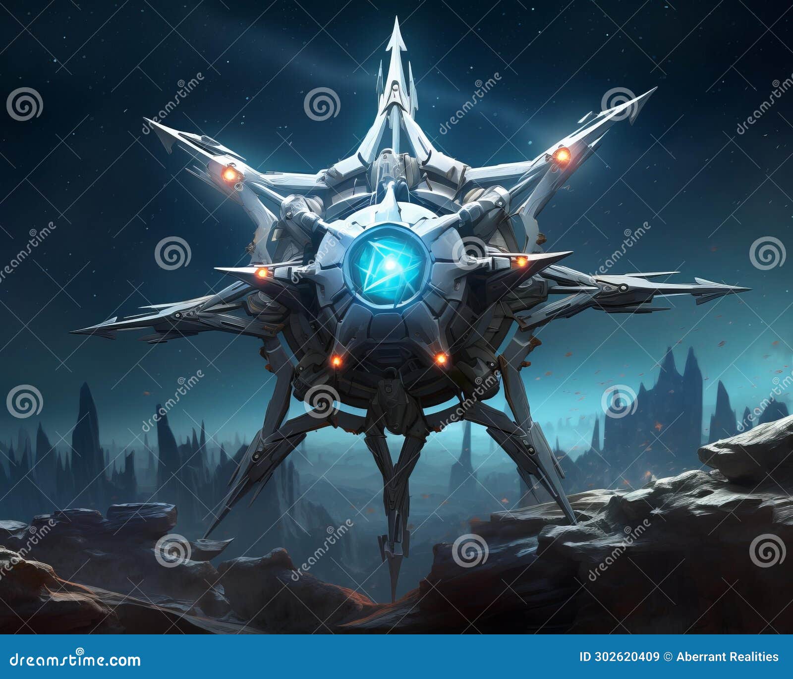 A Sci - Fi Space Ship with a Blue Light Shining on it Stock ...