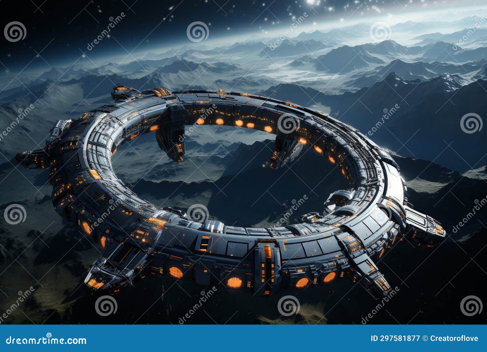 A Sci-fi Space Station Orbiting a Distant Planet Stock Illustration ...