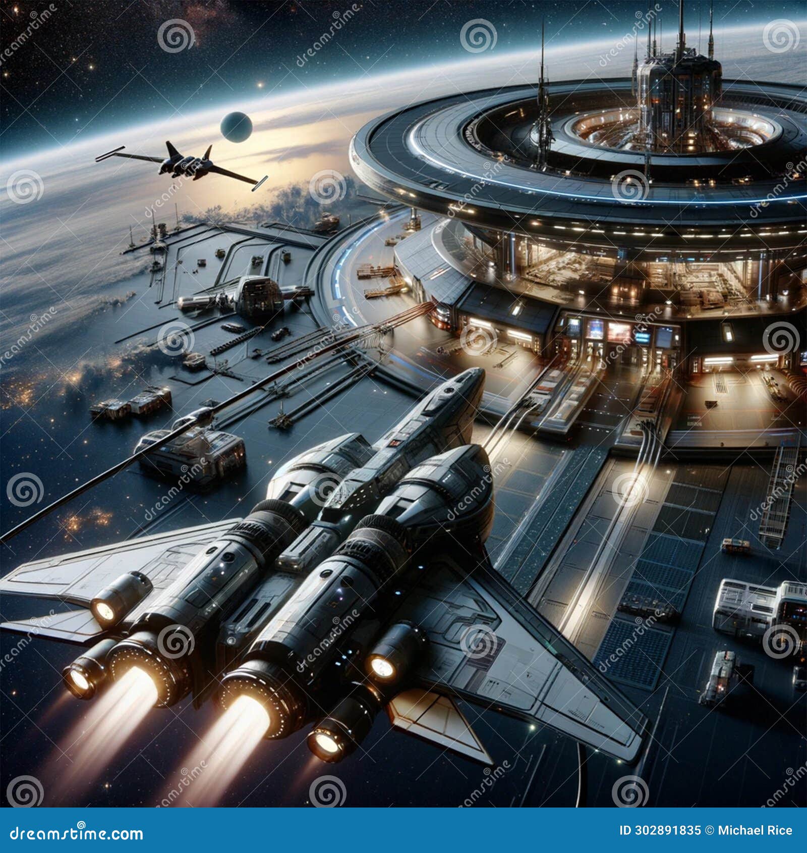 Sci-Fi Space Vessel in Docking Maneuver Stock Illustration - Illustration of cosmic, technology ...