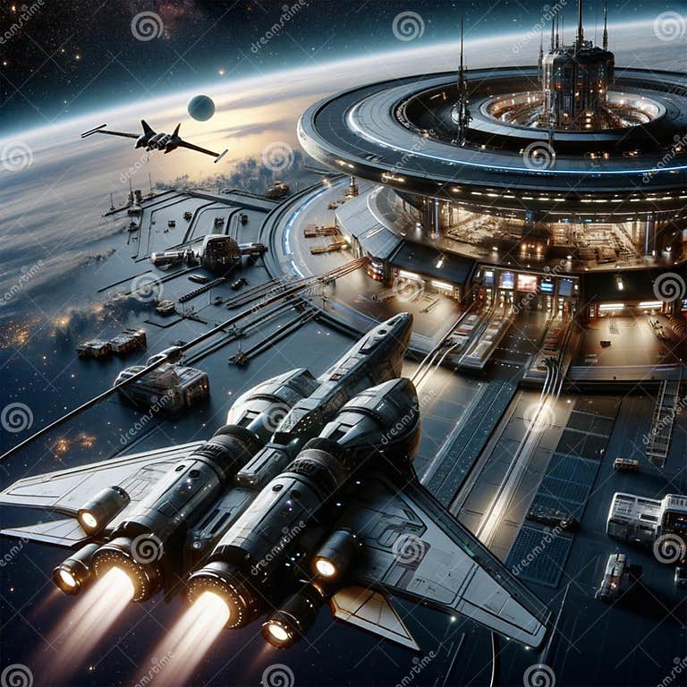 Sci-Fi Space Vessel in Docking Maneuver Stock Illustration - Illustration of cosmic, technology ...