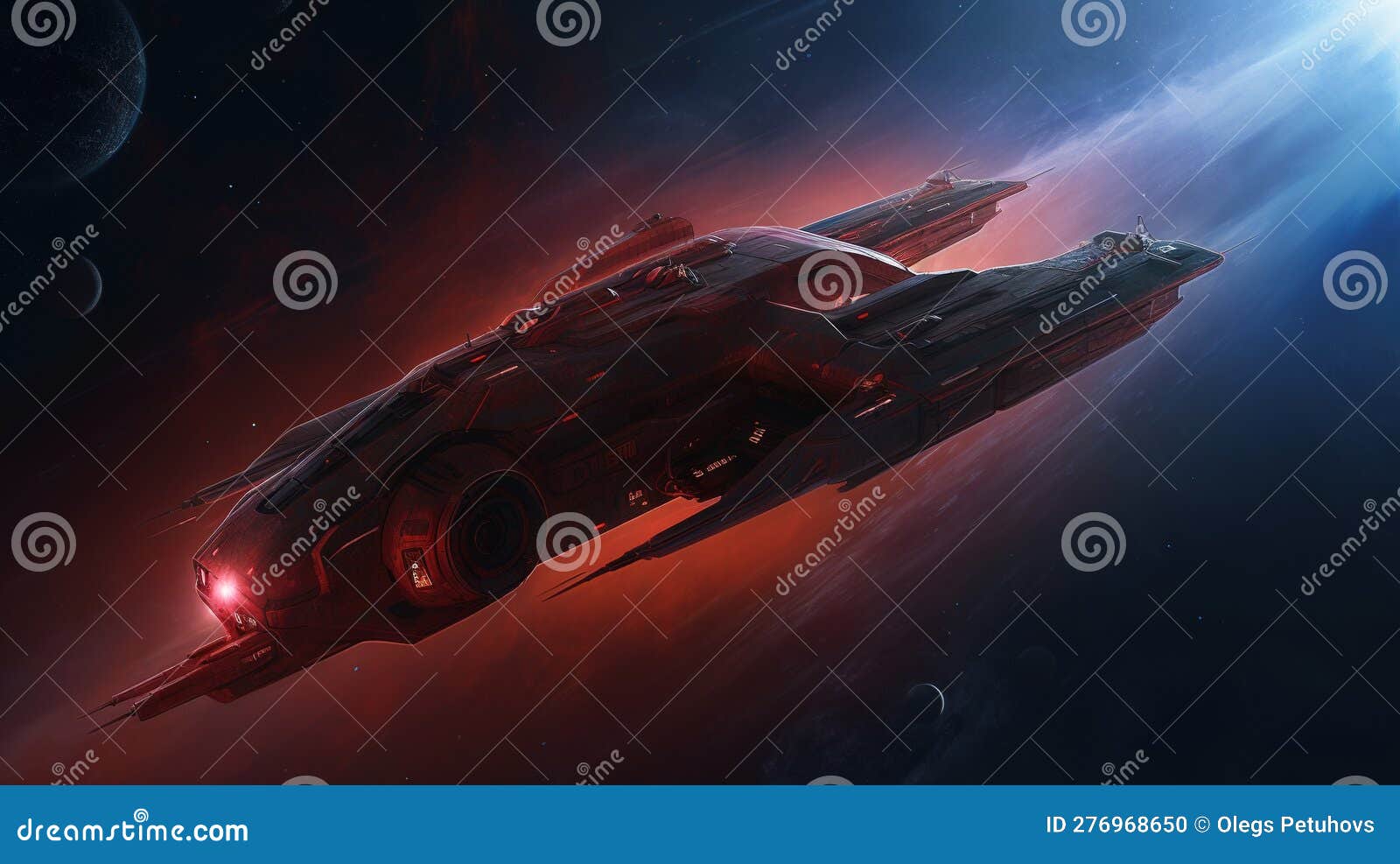 A Sci - Fi Spaceship Flying through Space with a Red Light Stock ...