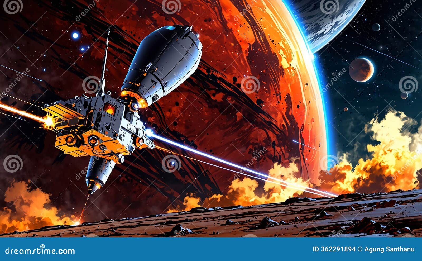Sci-fi Spaceship in Outer Space Planetary Scene Stock Illustration ...