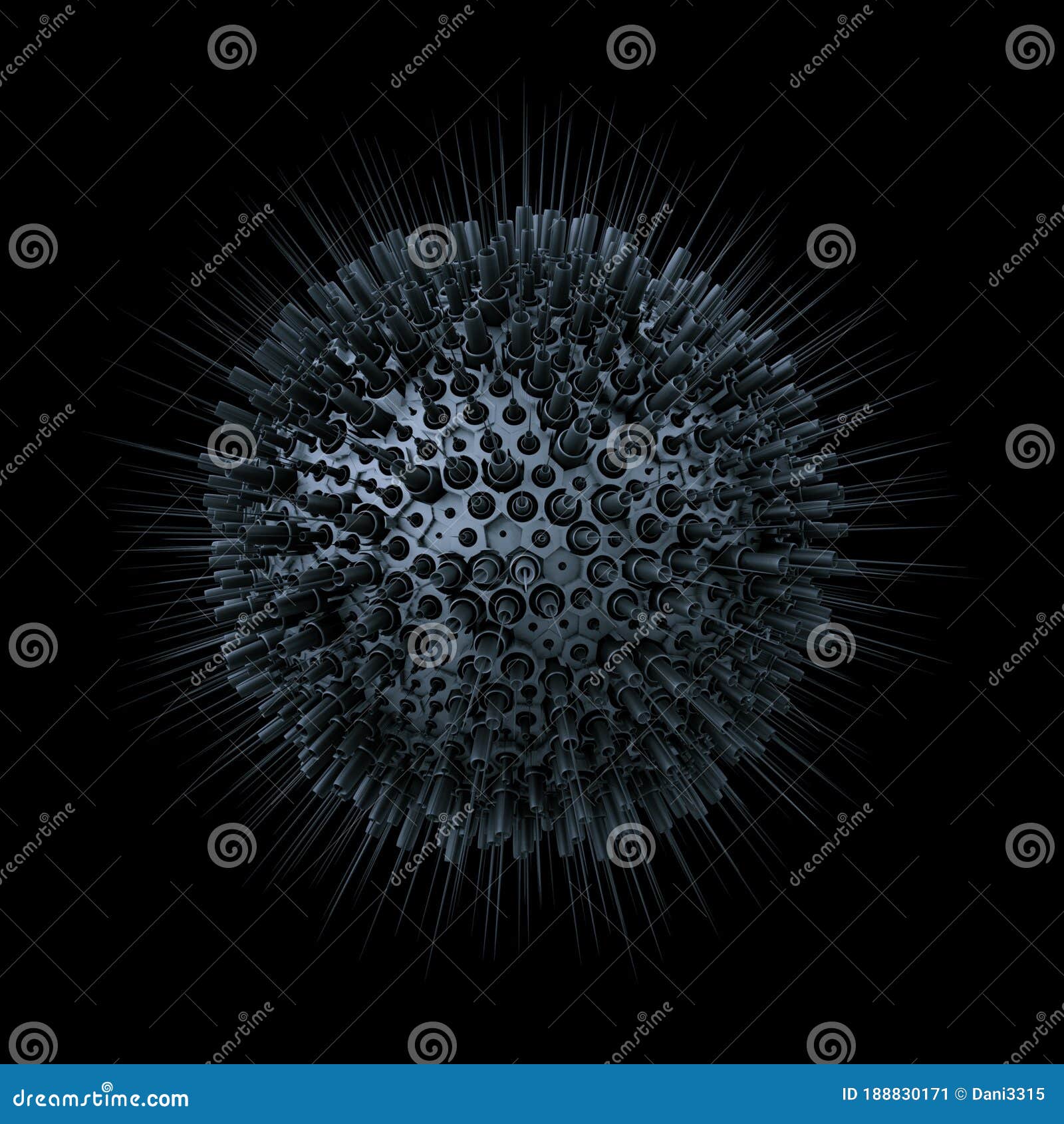 Sci-Fi Spiked Sphere Isolated on Black Background. Mechanical, Robotic ...
