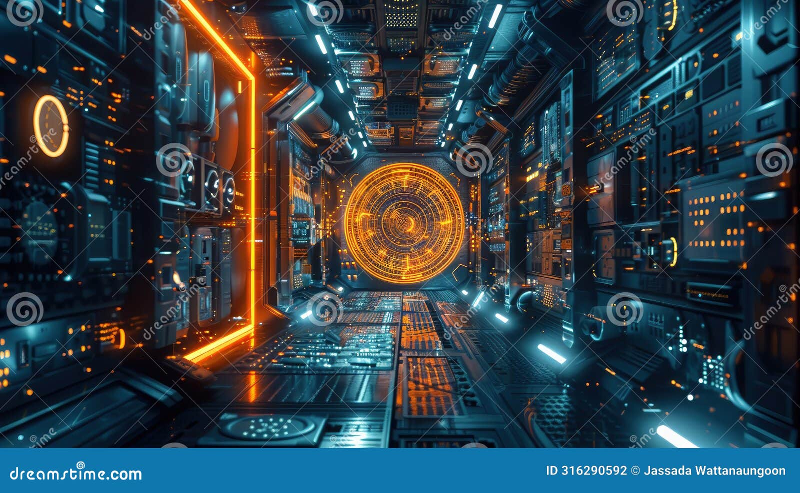 Sci-Fi Tunnel with Digital Earth Projection Stock Illustration ...