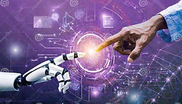 Science, AI, Machine Learning, Hands of Robot and Human Touching on Big ...