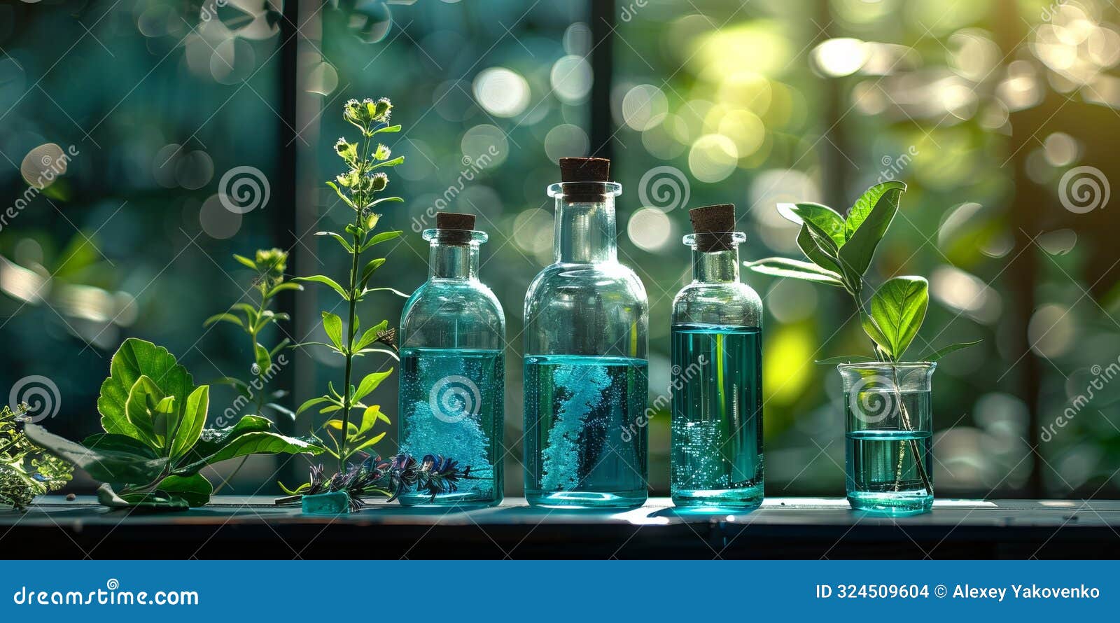 Science Background with Glass Containers and Natural Elements. Stock ...