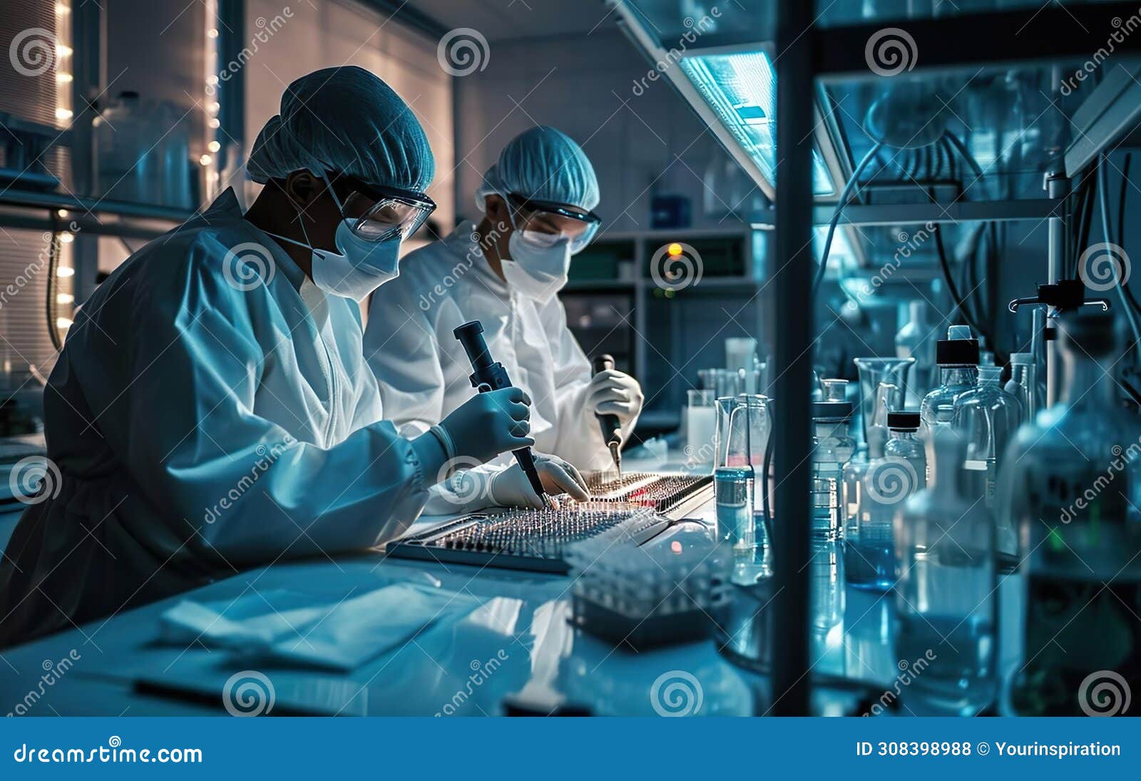 Science Banner. Two Scientists in White Uniform Goggles and Mask ...