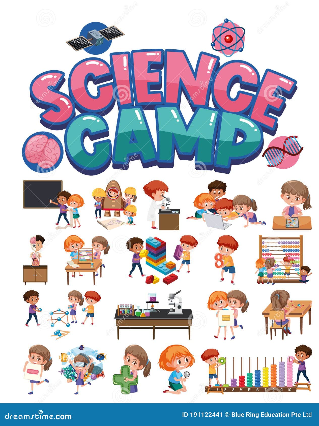 Science Camp Logo and Set of Children with Education Objects Isolated ...