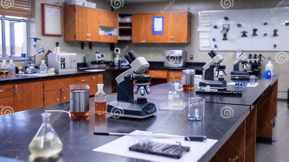 A Science Classroom with Lab Tables, Microscopes, and Safety Equipment ...
