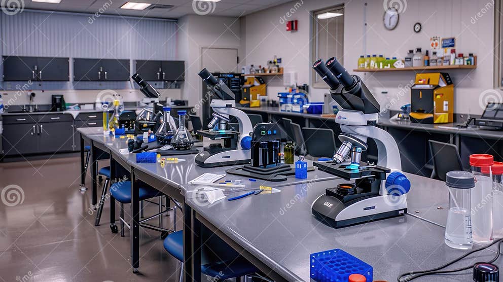 A Science Classroom with Lab Tables, Microscopes, and Safety Equipment ...