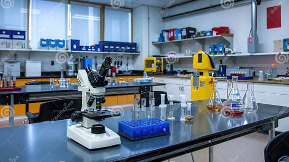 A Science Classroom with Lab Tables, Microscopes, and Safety Equipment ...