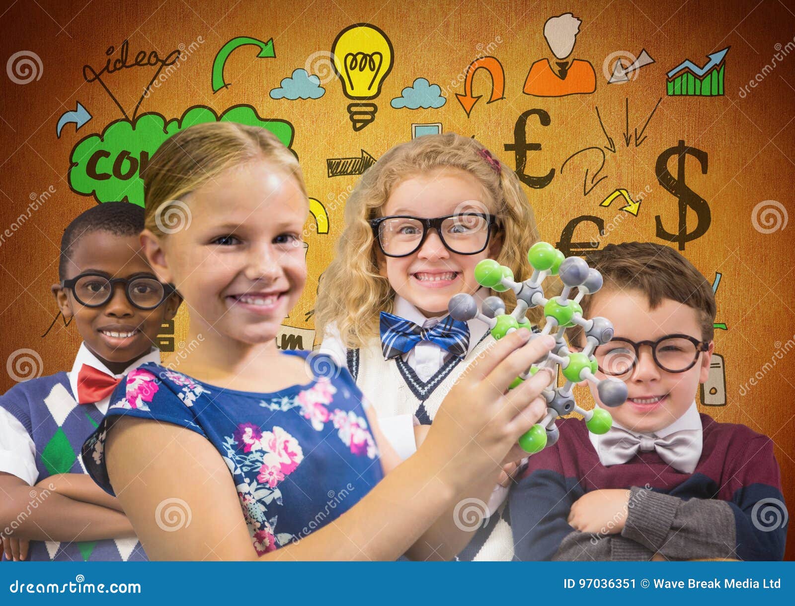 Science Clever Kids in Front of Rustic Background with Ideas Drawings ...