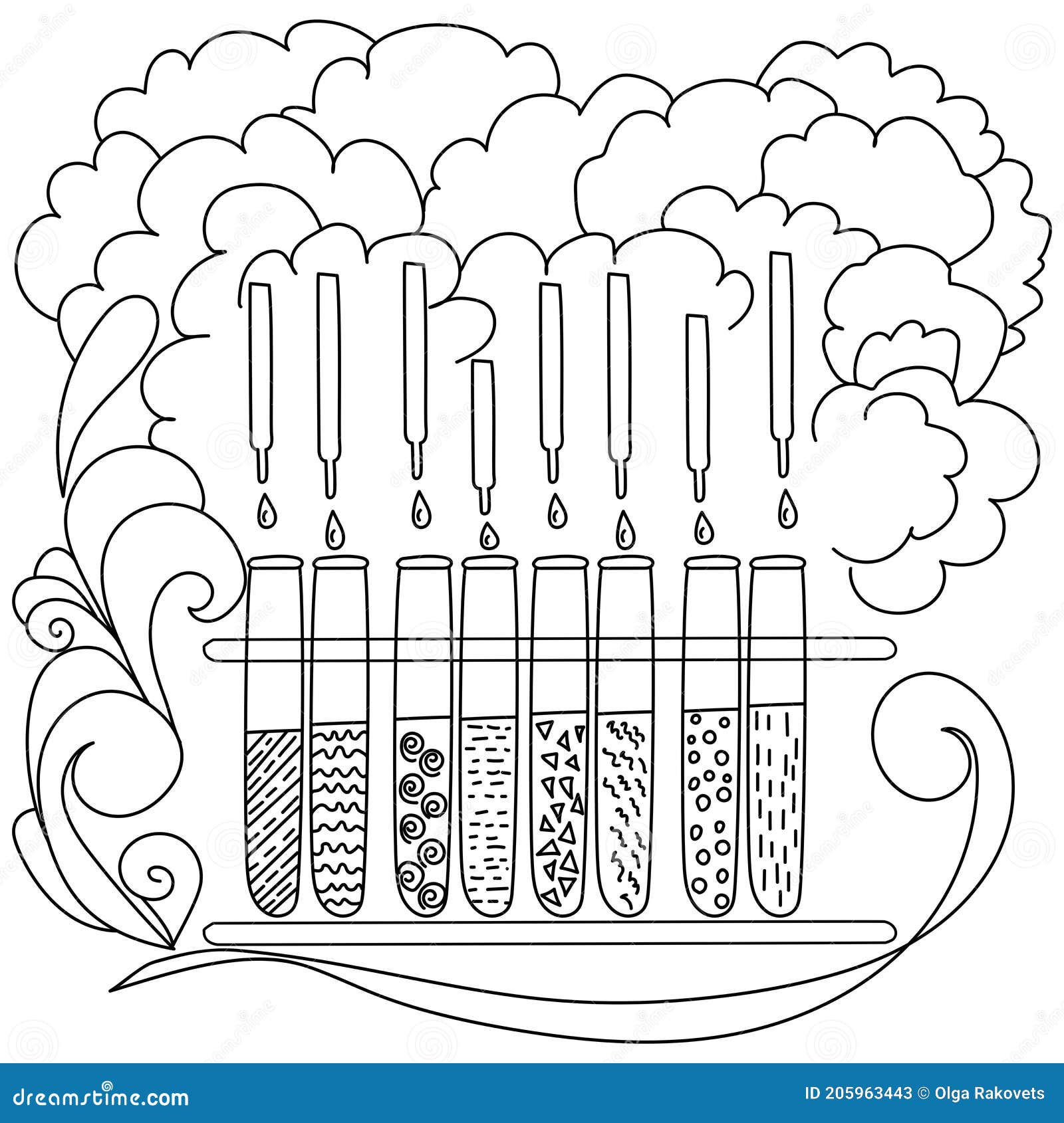 Science Coloring Page with a Row of Test Tubes and Pipettes with Drops ...