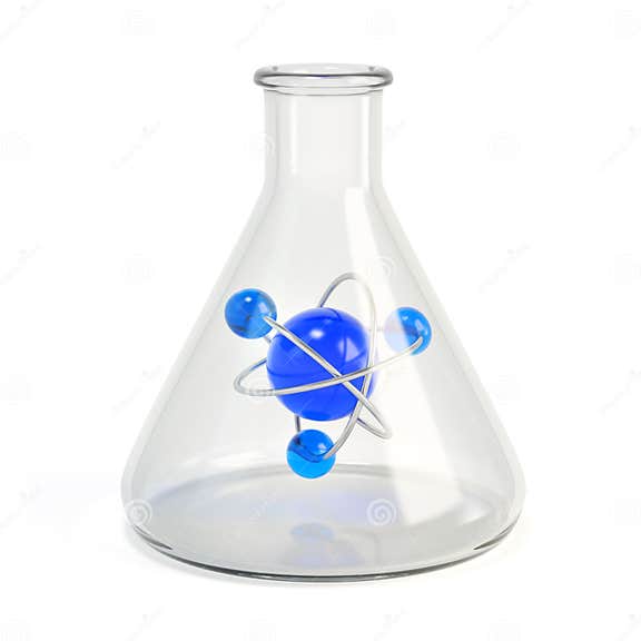 Science Concept. Conical Laboratory Flask with Atom Model Symbol Stock ...
