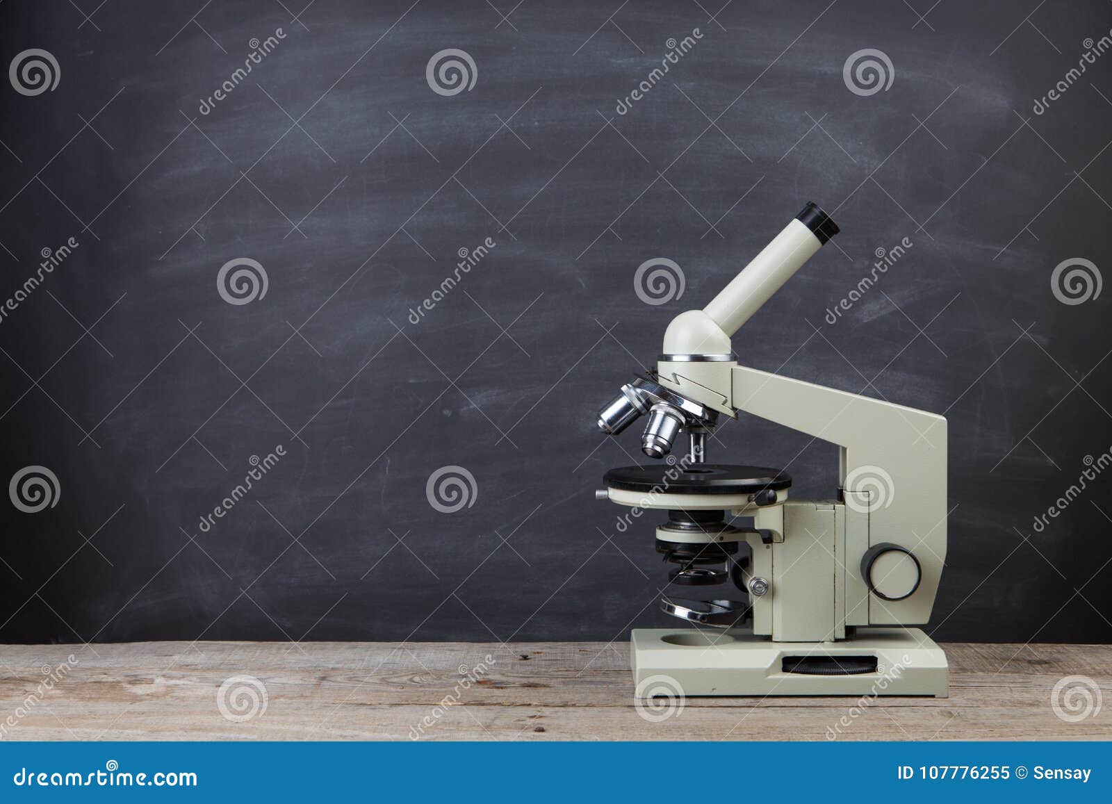 Science Concept Microscope on the Table in the Auditorium, Blackboard Background Stock Image ...