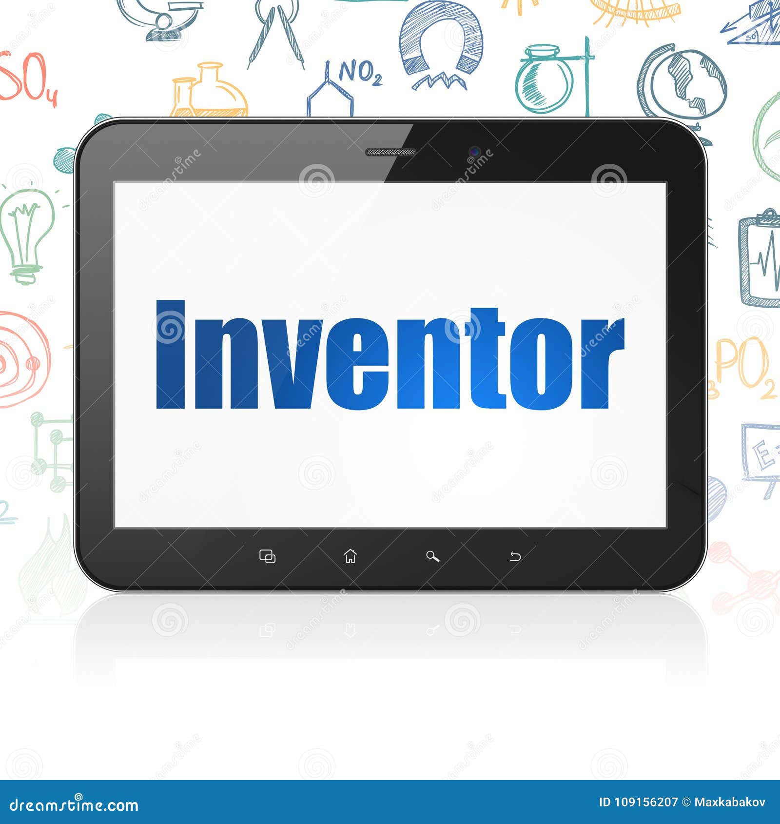 Science Concept: Tablet Computer with Inventor on Display Stock ...