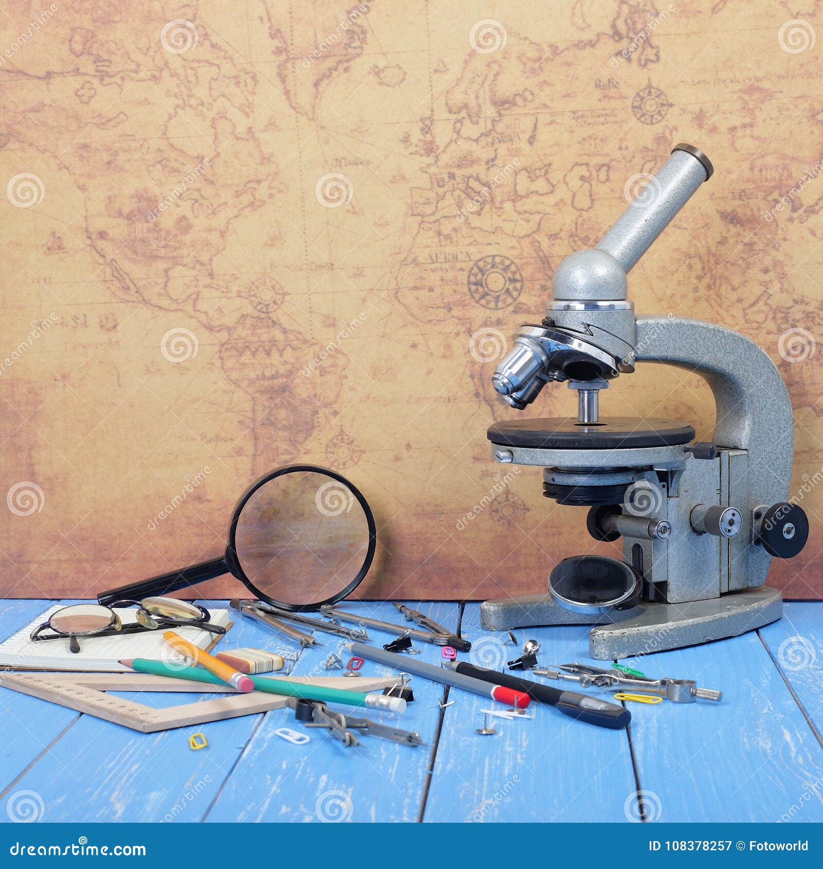 Science and Education - Desktop of Scientist Objects and Map Stock ...