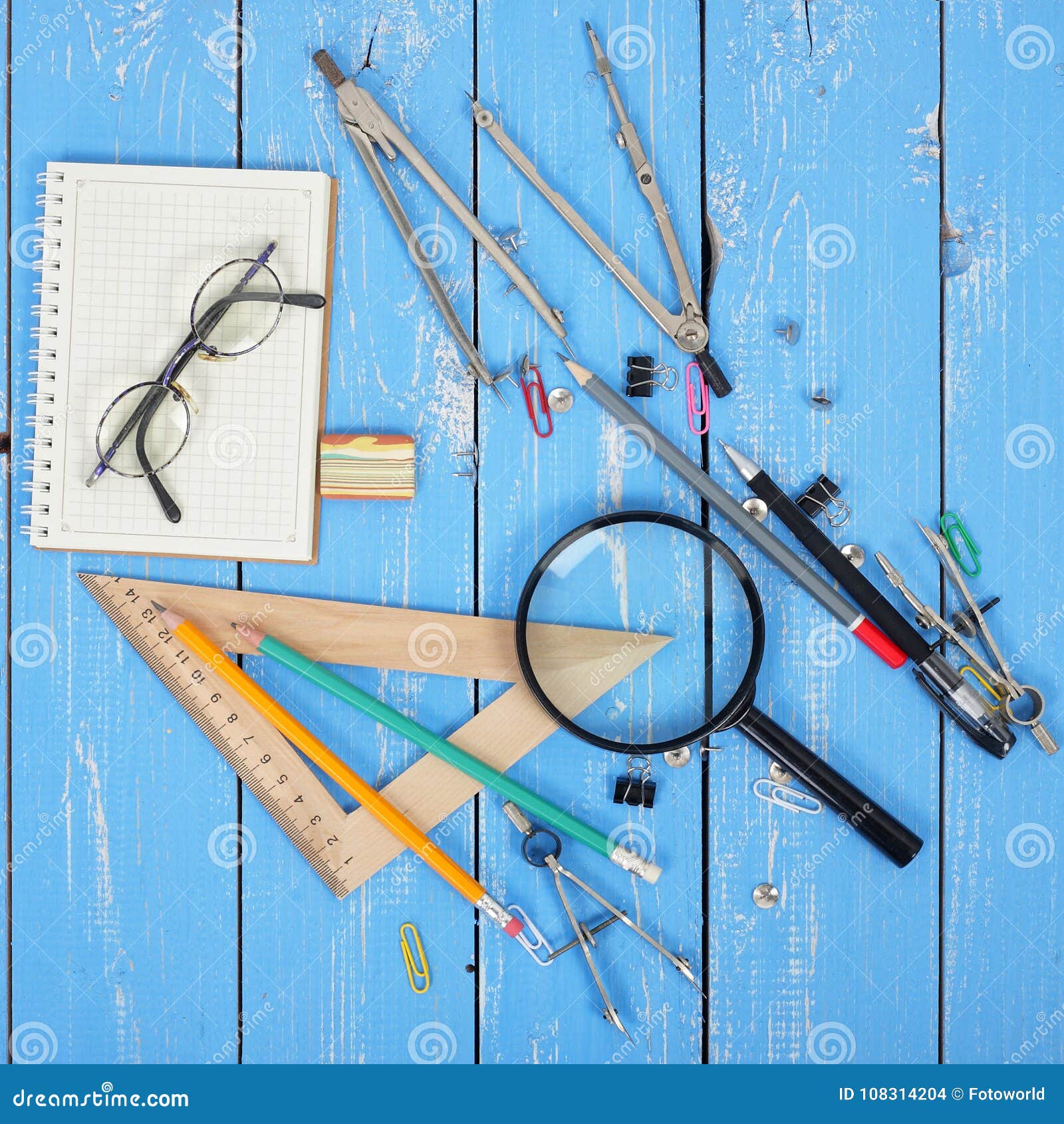 Science and Education. Desktop Scientist Objects Blue Wood Background ...