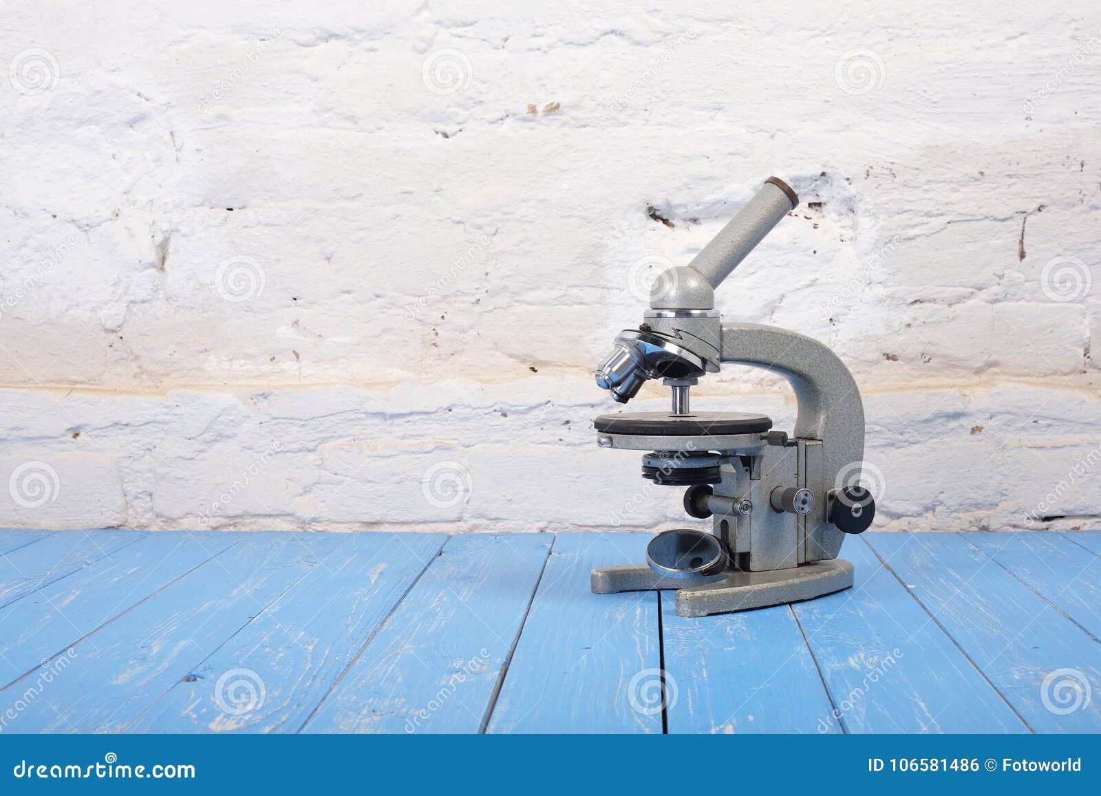 Science and Education - Retro Microscope Brick Background Stock Photo ...