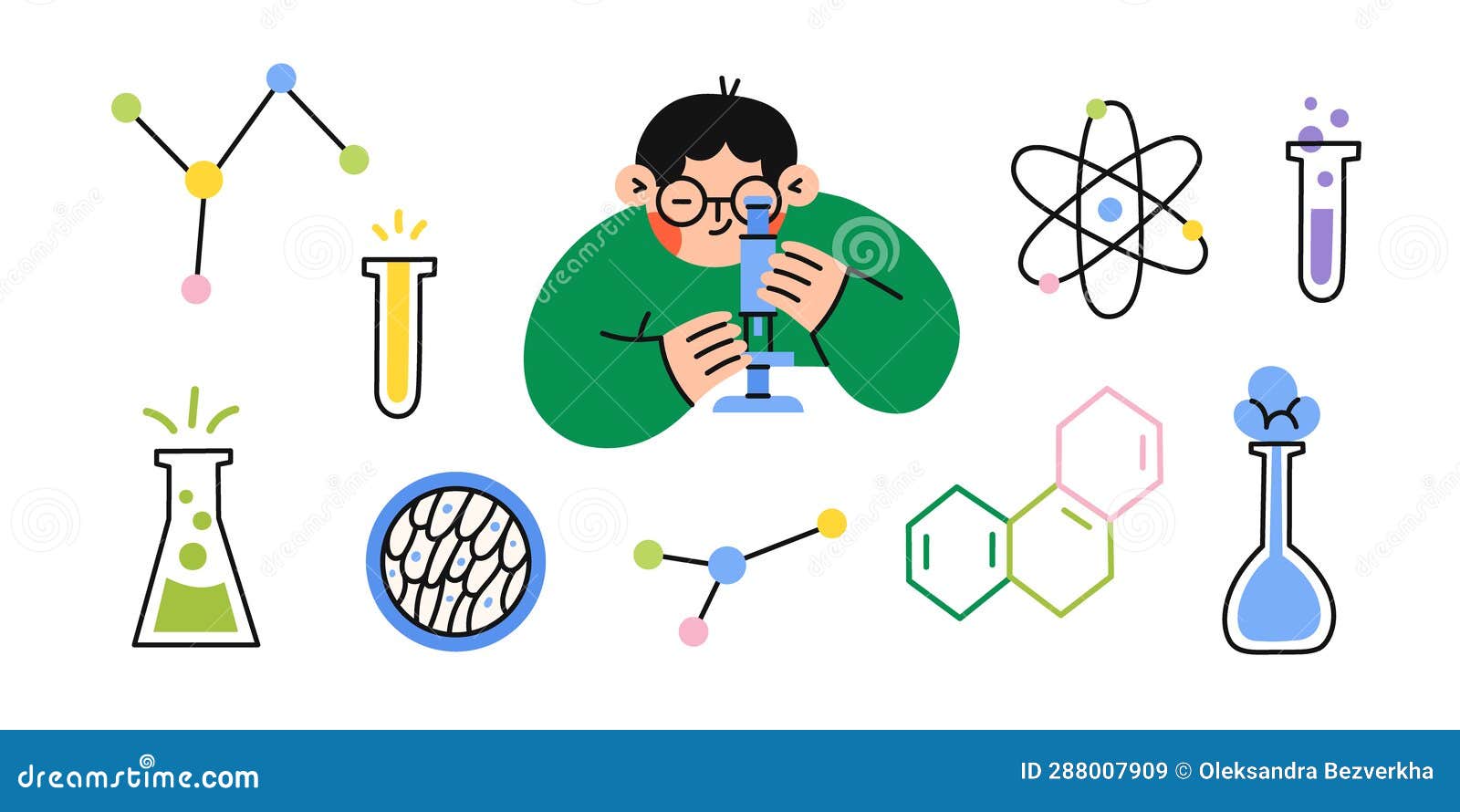 Science Elements Set. Boy with Microscope. Flat Vector Illustration ...