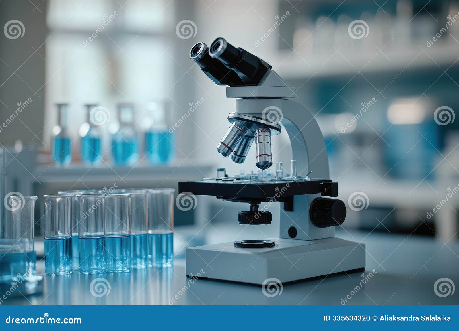 Science Experiment Concept Banner with Microscope and Test Tubes on Lab ...