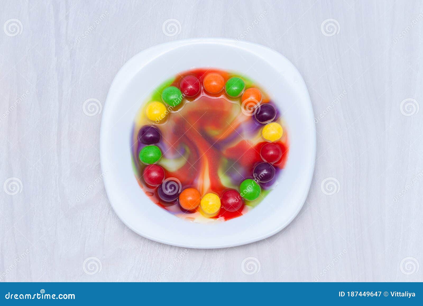Science Experiment for Kids. Circle of Colored Candies on White Plate ...