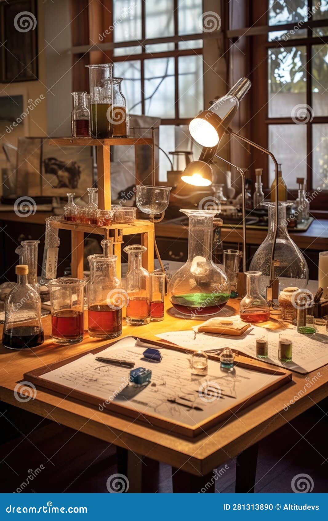 Science Experiment Setup with Lab Equipment and Notes Stock ...