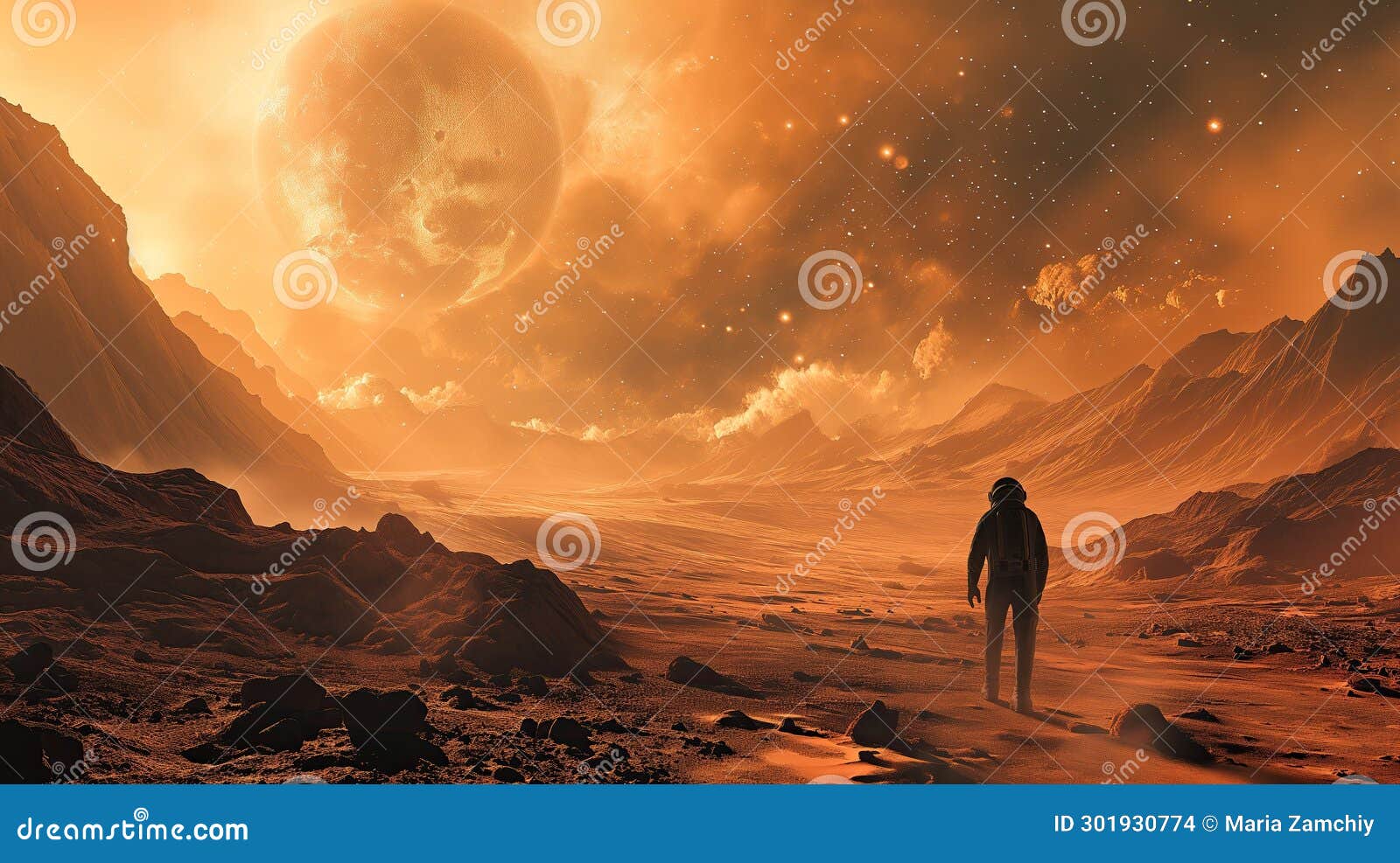 Science Fiction Alien Space Landscape, Human Stands on Mars Surface and ...