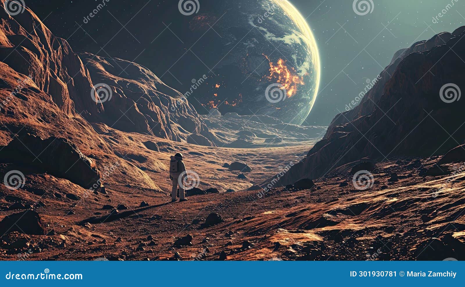 Science Fiction Alien Space Landscape, Human Stands on Mars Surface and ...