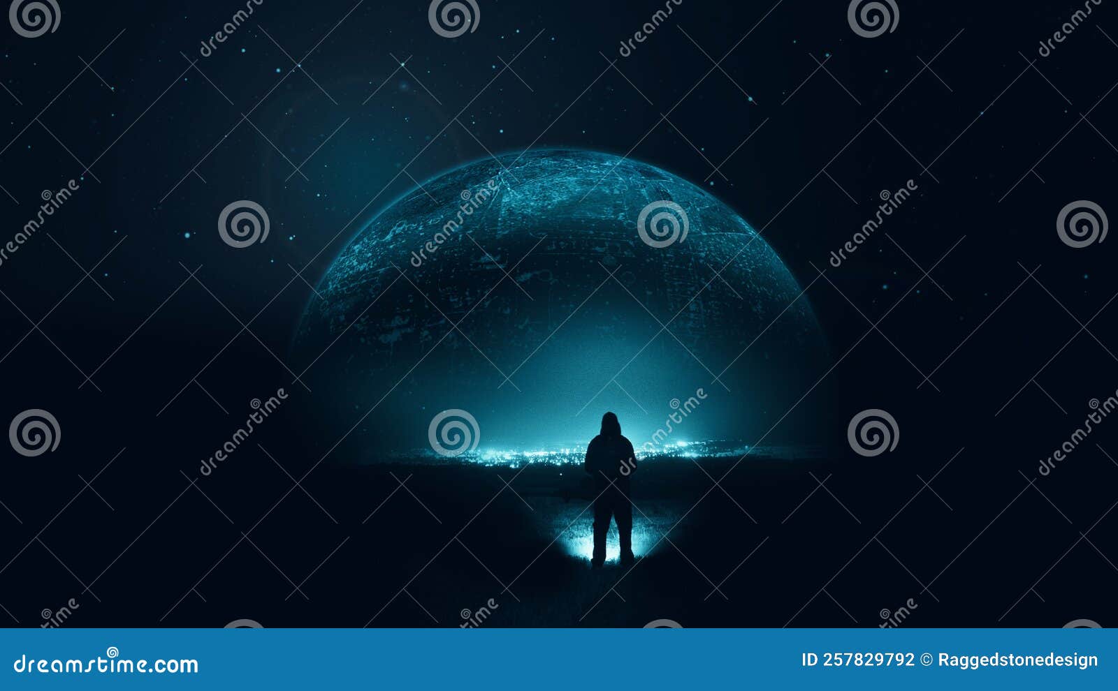 A Science Fiction Concept of a Man Looking Up at a Glowing Alien Planet ...