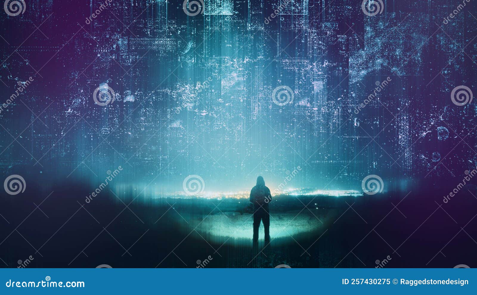 A Science Fiction Concept of a Man Looking Up at a Glowing Grid of ...