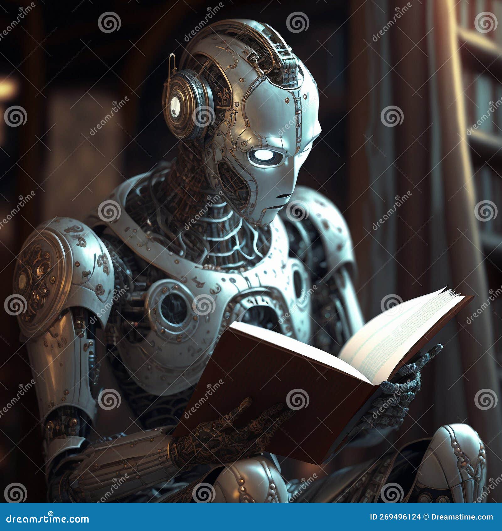 Science Fiction Fantasy: Robot Learning from a Book Stock Illustration ...