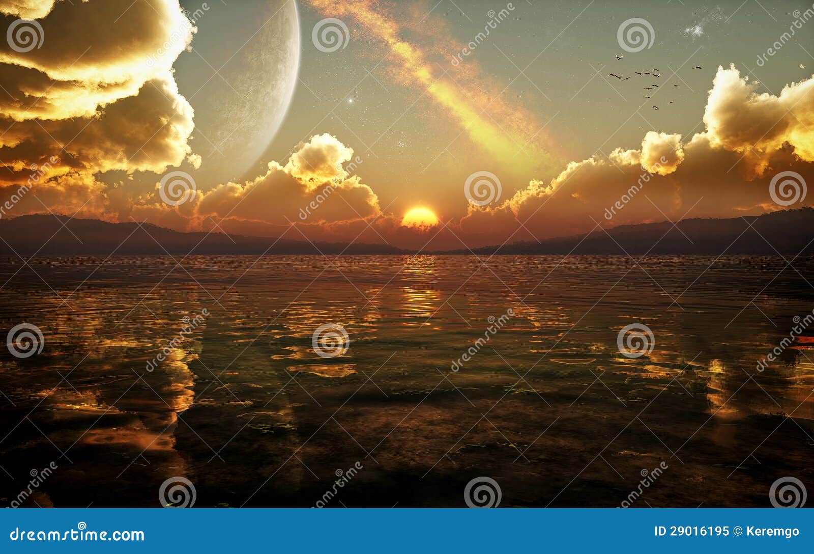 Science Fiction Fantasy Sunset Stock Illustration - Illustration of ...