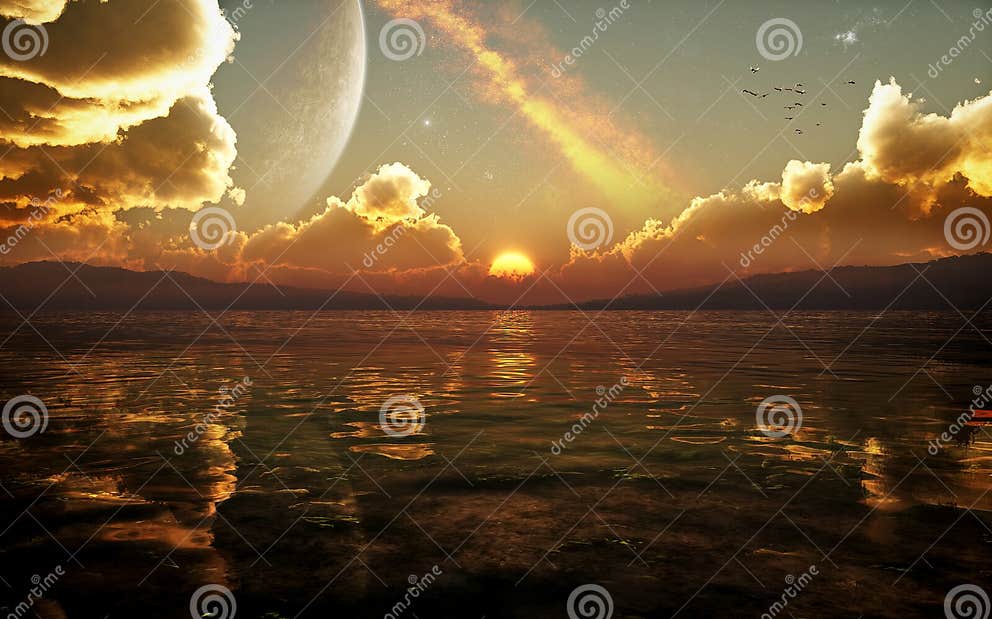 Science Fiction Fantasy Sunset Stock Illustration - Illustration of ...