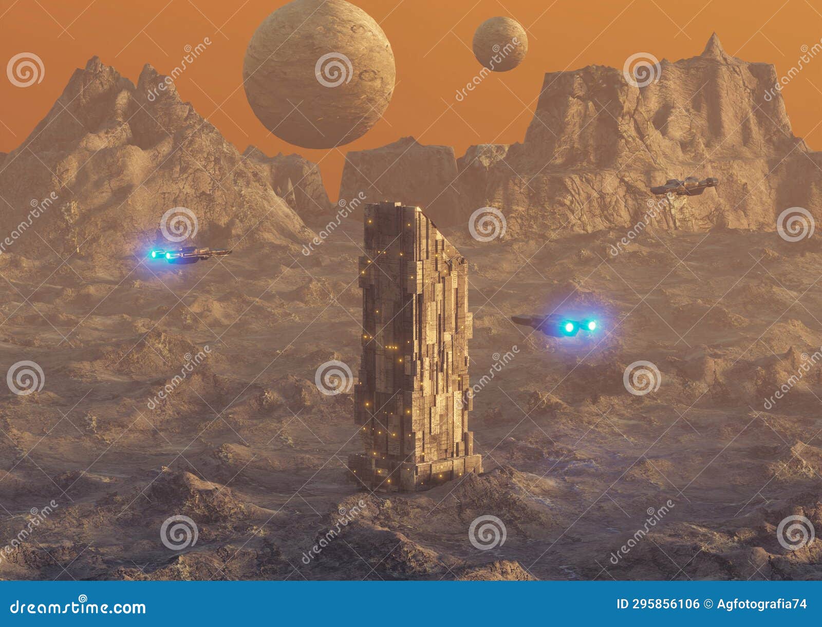 Science Fiction Landscape with a Tower-shaped Construction, Space ...