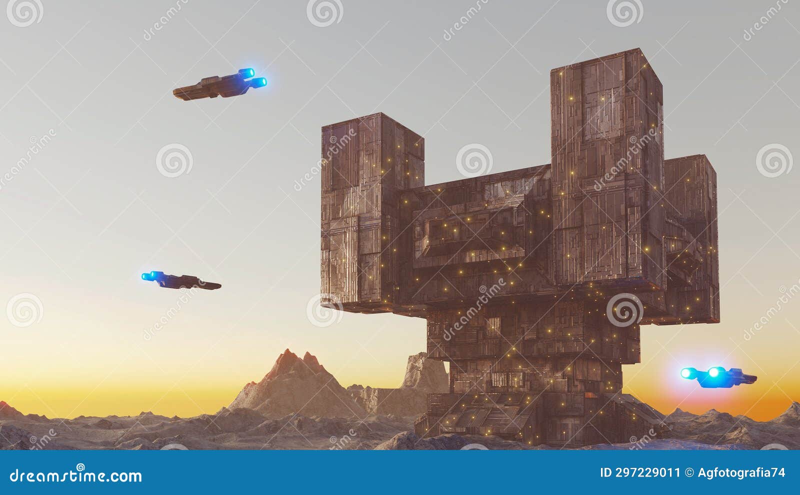 Science Fiction Landscape with a Tower-shaped Construction, Space ...