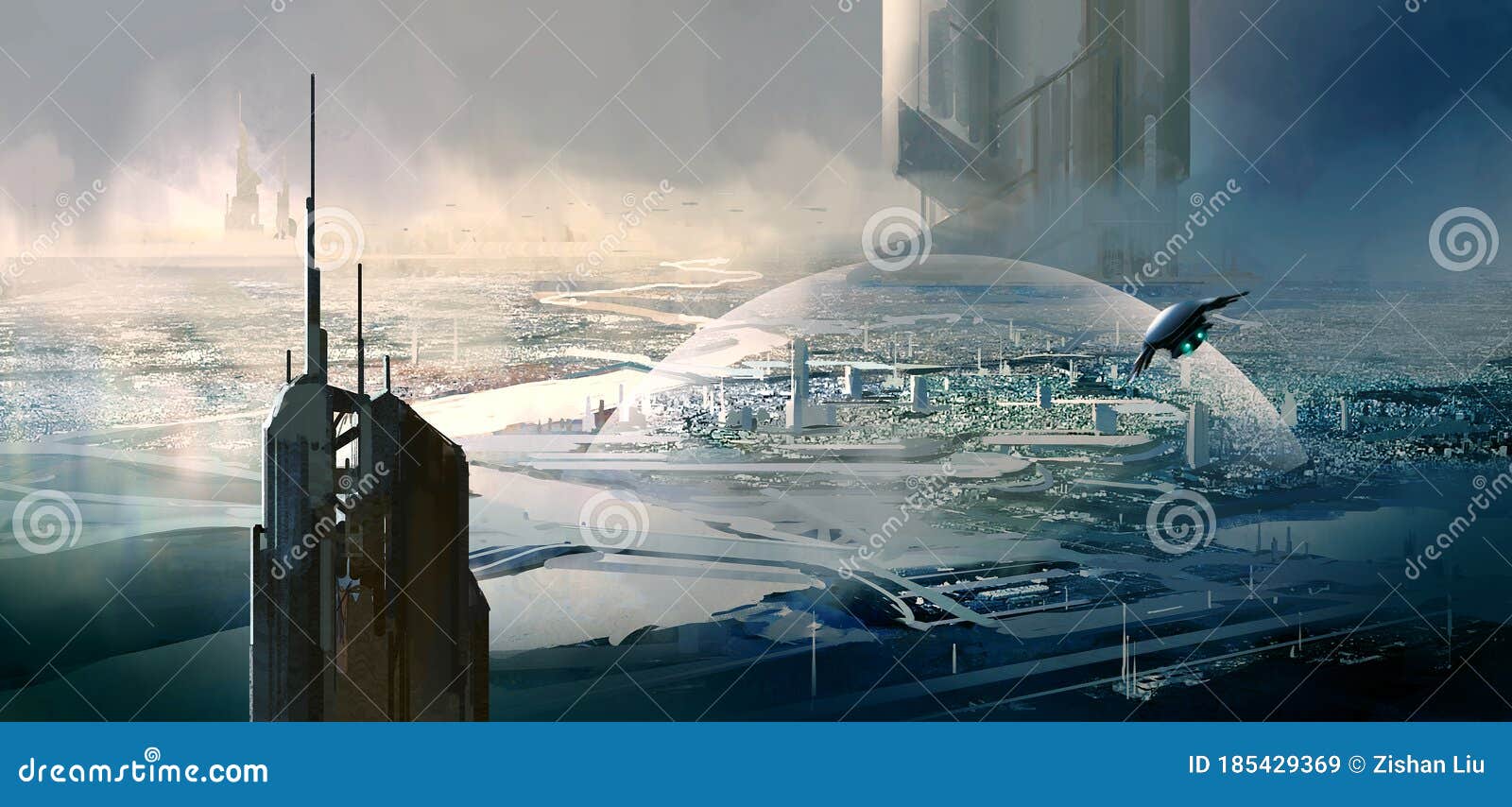 Science Fiction Scene - Futuristic Jet Plane Flying Over Fortress ...