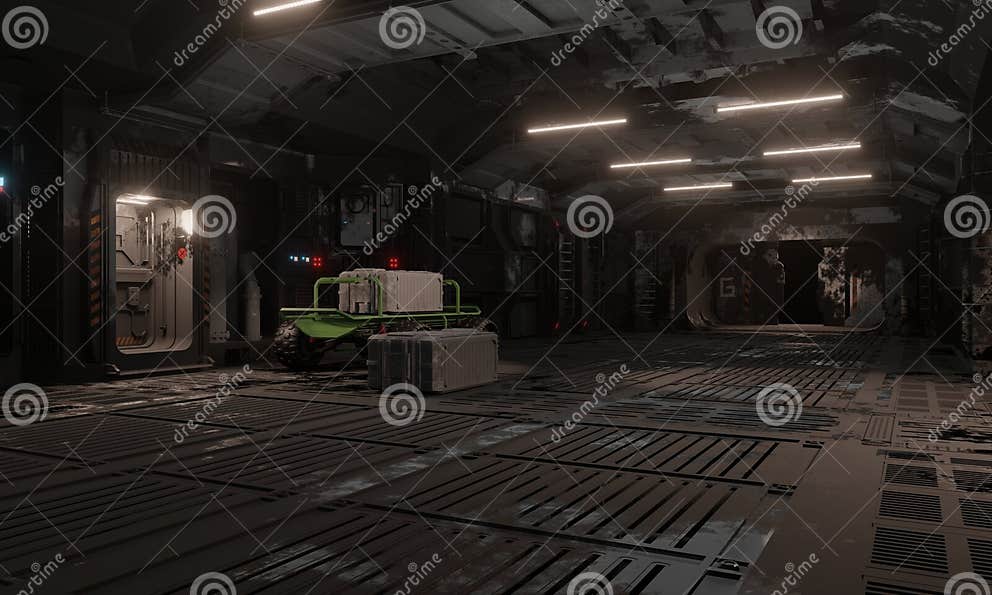 Science Fiction Simulation Base in Hallway in Dark Scene Stock ...