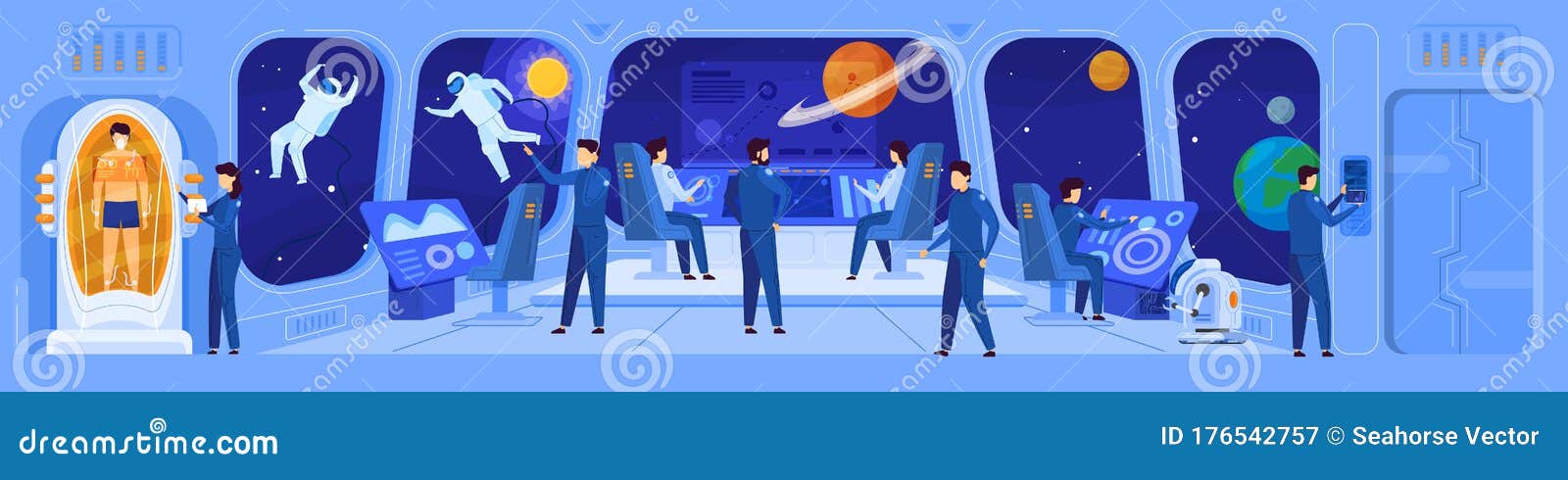 Science Fiction Spaceship Crew on Command Deck, People Vector ...