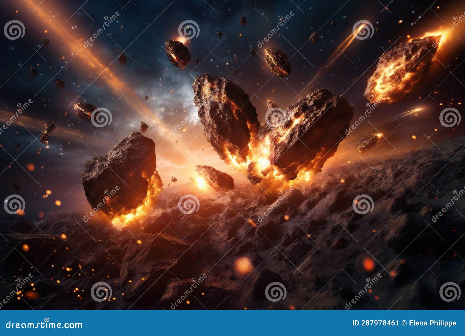 Science Fiction Visualisation of Cosmos with Hot Red Asteroid Glow in ...
