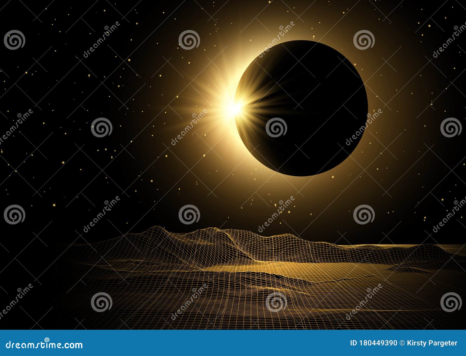 Science Fiction with Wireframe Landscape and Solar Eclipse Design Stock ...