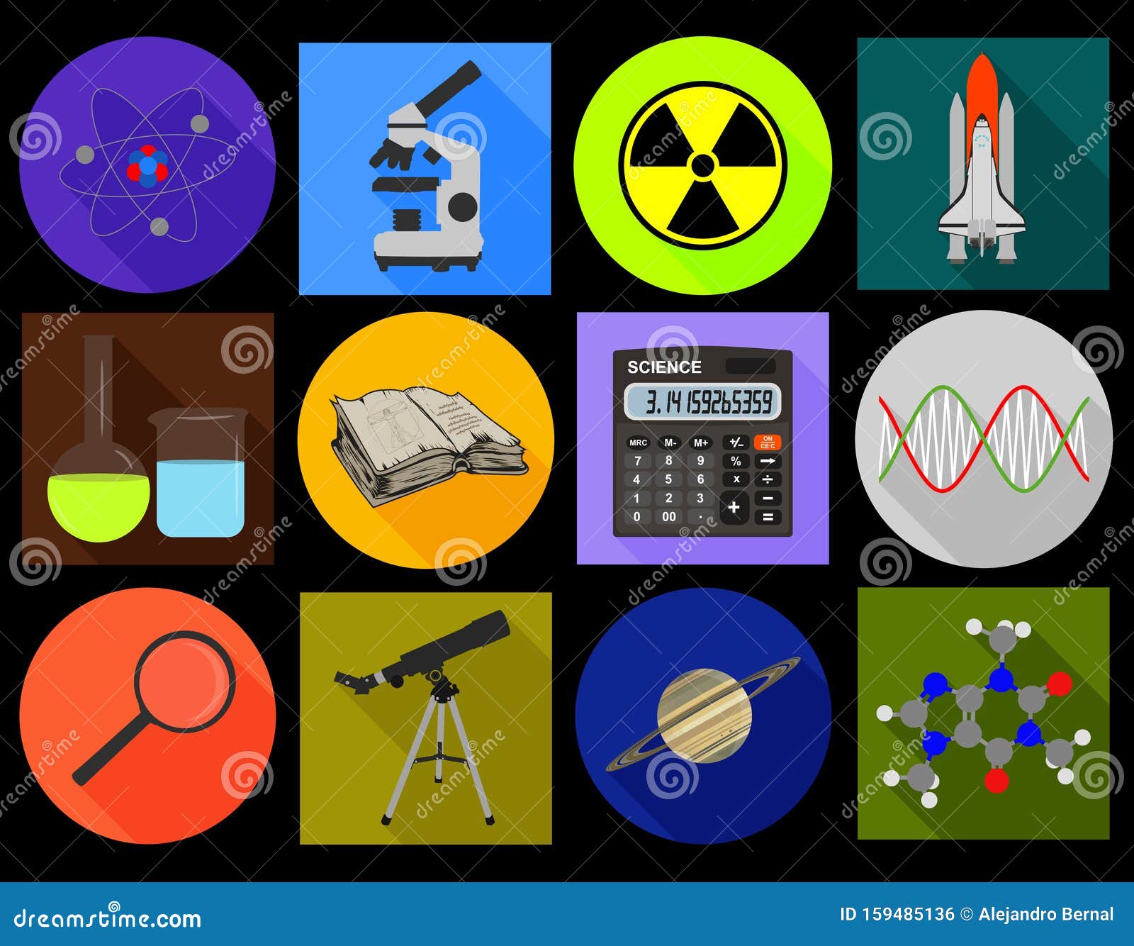Science Flat Icons with Black Background Stock Illustration ...