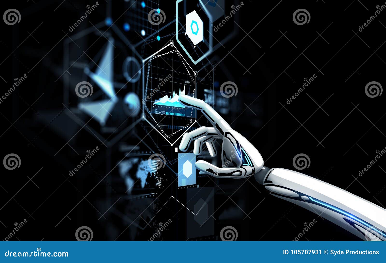 Robot Hand Touching Virtual Screen Over Black Stock Illustration ...